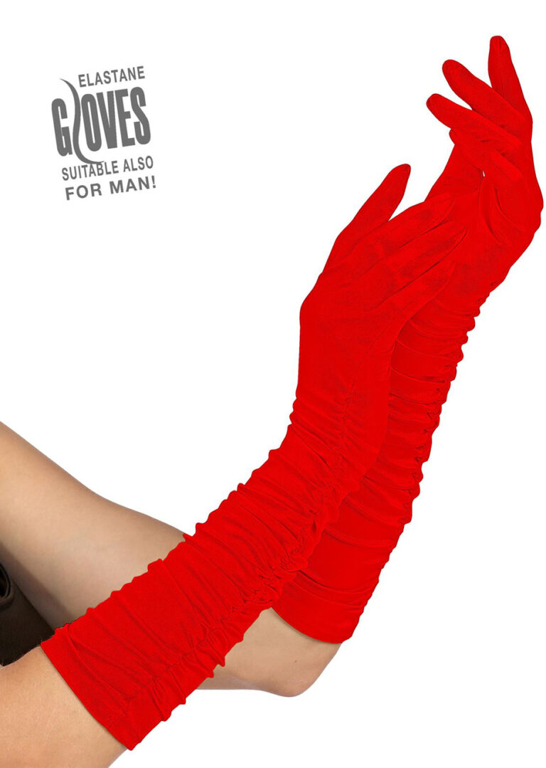 Gants Rouges Satinés et Plissés – En Élasthanne, 40 cm