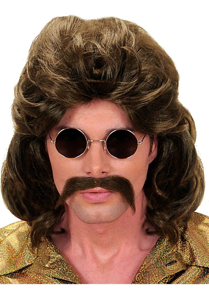 Perruque Disco Mulet - Cheveux Châtain et Moustache - Look 70