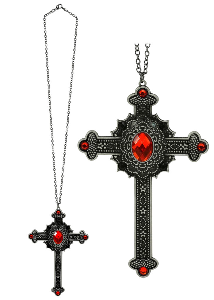 Collier Croix Gothique – Métal Vieilli avec Pierres Rouges
