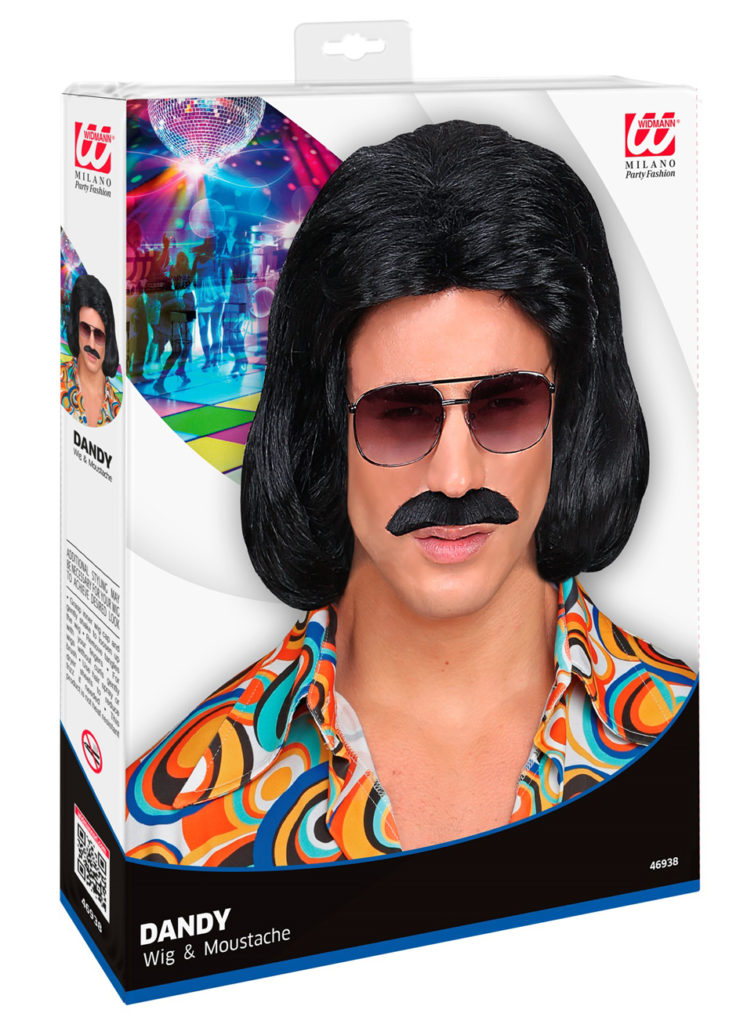 Perruque Disco avec Moustache Assortie - Cheveux Noirs - Look 70