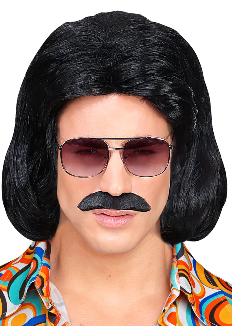 Perruque Disco Noire - Style Années 70 - avec Moustache