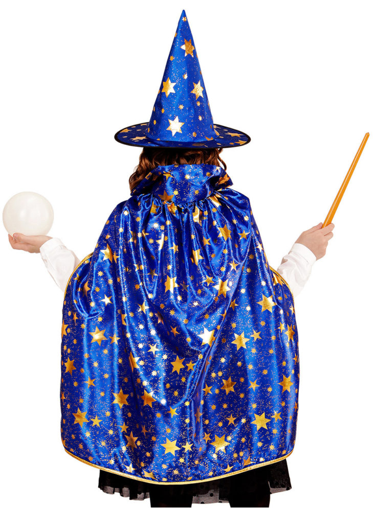 Cape Magicien Enfant – Bleu Satiné, Étoiles Dorées, et Chapeau