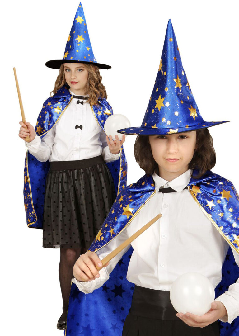 Cape Magicien Enfant – Bleu Satiné, Étoiles Dorées, et Chapeau