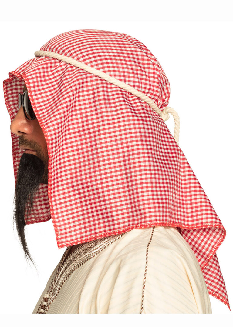 Coiffe de Sheik Arabe – Tissu rouge et blanc, corde, lunettes, barbe
