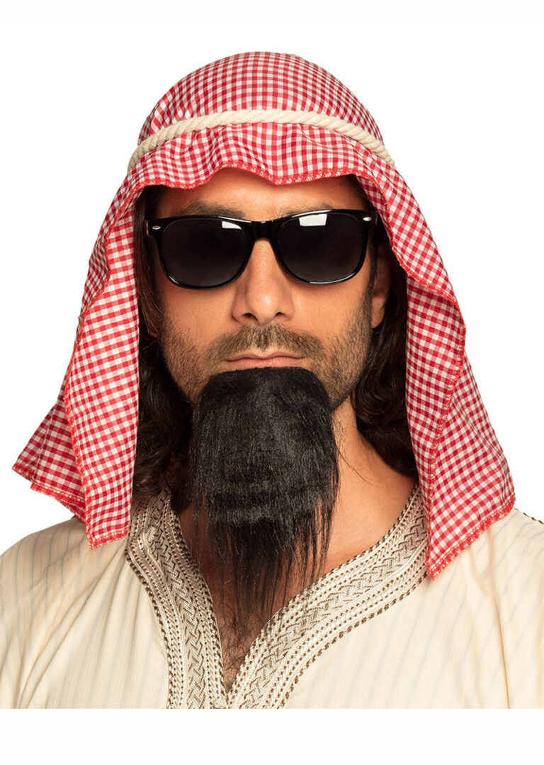 Coiffe de Sheik Arabe – Tissu rouge et blanc, corde, lunettes, barbe