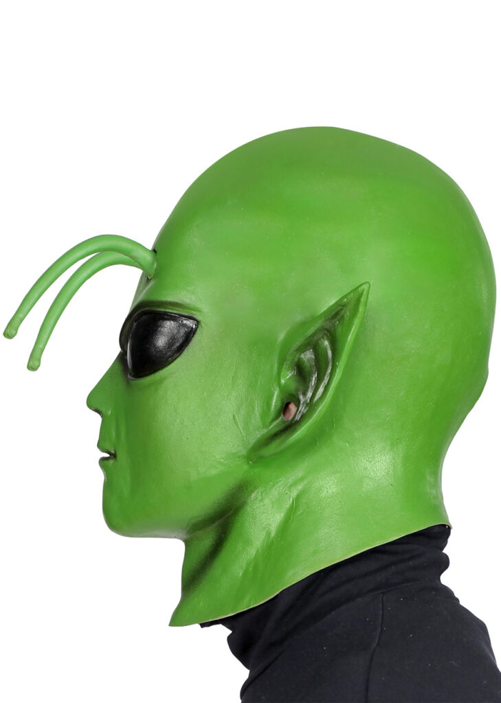 Masque Alien Vert – Latex intégral avec yeux noirs et antennes