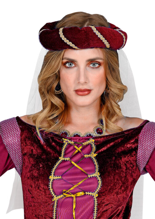 Coiffe Médiévale Femme – Couronne bordeaux et doré avec voile