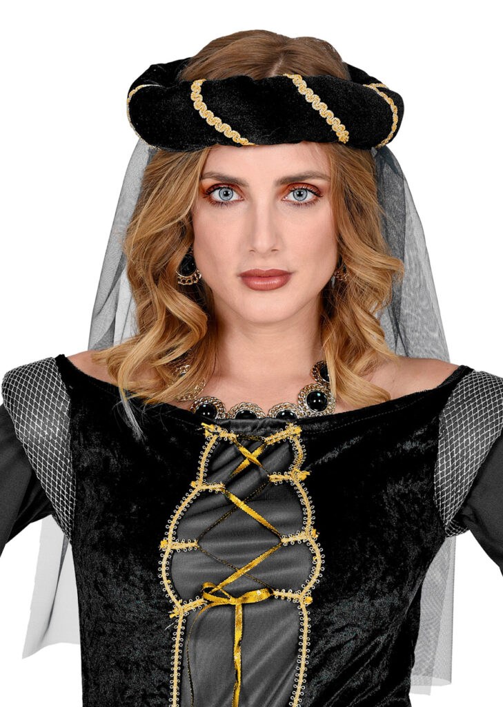 Coiffe Médiévale Femme – Couronne noire et dorée avec voile